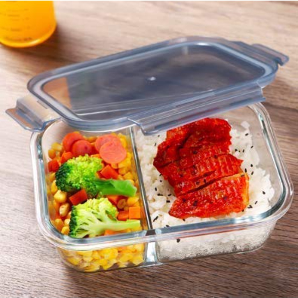 LUXXURO 2 Partition Glass Lunch Box Bake Ware Safe Glass Big Lunch Box